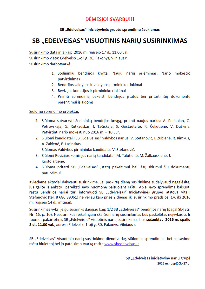 Šaukiama iniciatyvinė grupė bei skelbiamas neeilinis SB „Edelveisas ...