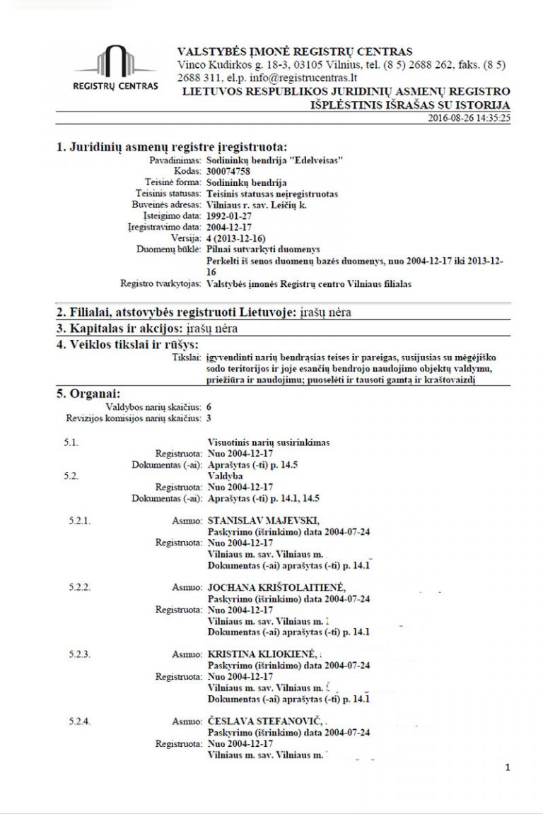 VĮ „Registrų centras” – Juridinio asmens SB „Edelveisas” išrašas – Sodų ...